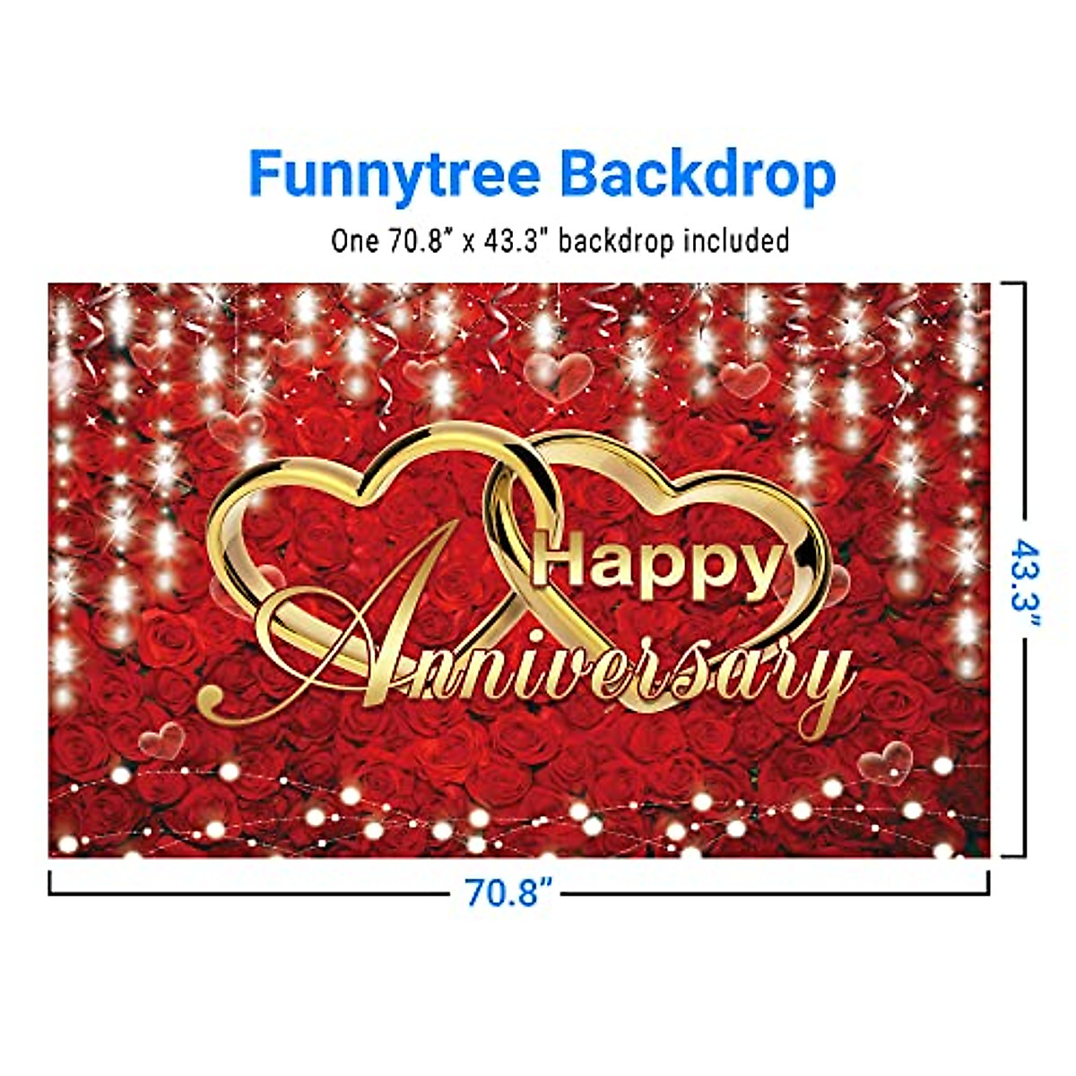 Funnytree Happy Wedding Anniversary Party Backdrop Banner Red Gold Flowers Roses Photo Booth Banner Supplies Photography Background Indoor Outdoor Decorations