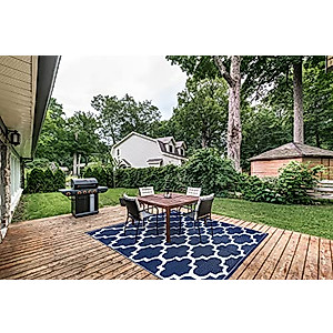 Beverly Rug Trellis Outdoor Rugs 10x13 Waterproof Reversible Plastic Straw Rug Outdoor Carpet, Outside Mat for Patio, Camping, Picnic, Porch, Deck, RV, Beach, Pool, Blue and White