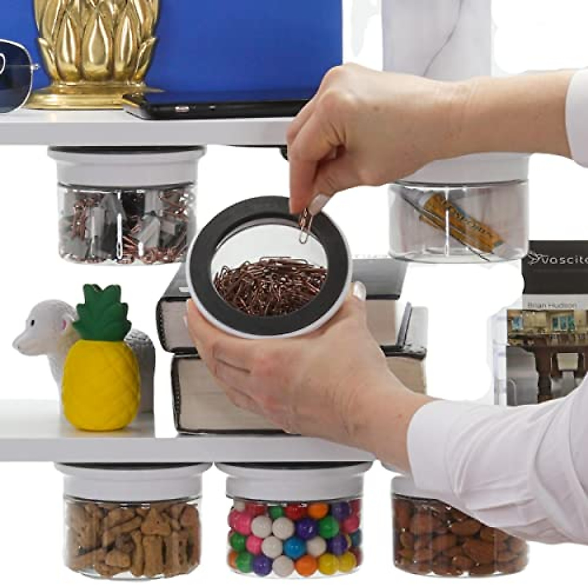 Vascito Adhesive Magnetic Canisters for Bathroom Organization, Qtip Holder, Space Saving Lidless Design, RV Storage and Organization, Under Shelf Storage (Designer White, 3 Pack)