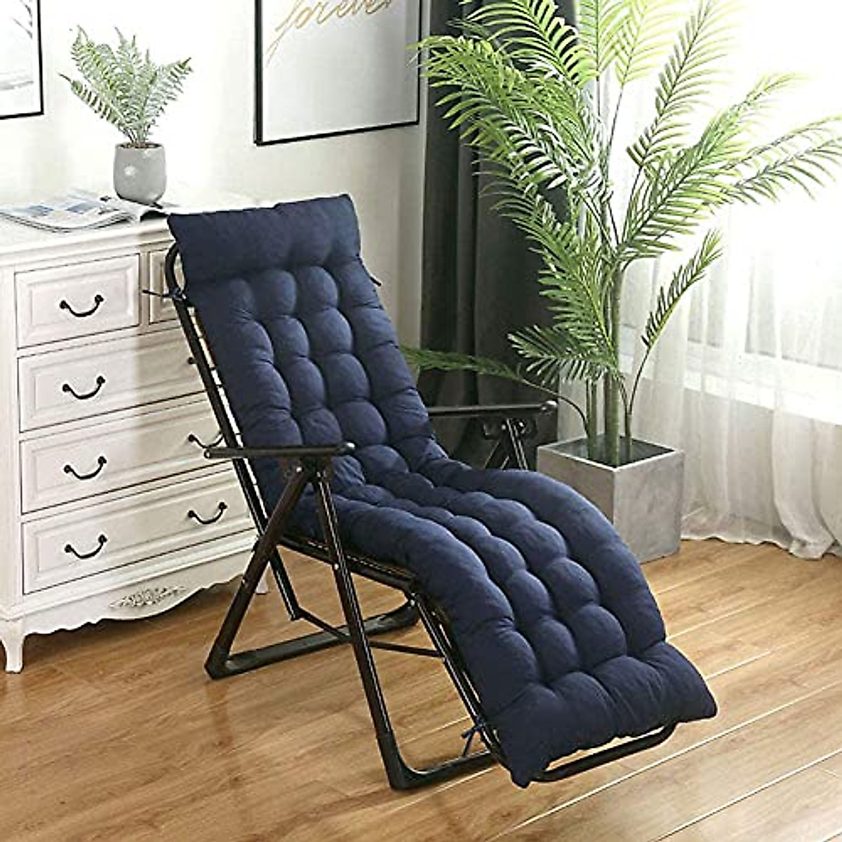 61inch Sun Lounger Chair Cushions, Sundlight Patio Cushions Chaise Outdoor Mattress Recliner Quilted Thick Padded Seat Cushion Reclining Chair Rocking with Ties (Navy Blue)