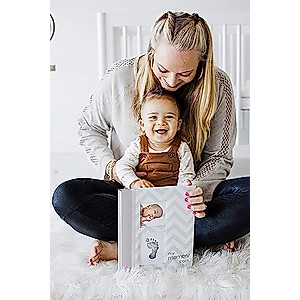Pearhead Baby Memory Book, First 5 Years Baby Milestone Book, Pregnancy Journal, Newborn Baby Girl or Baby Boy Keepsake, With Clean-Touch Ink Pad For Baby's Handprint or Footprint, Gray Chevron