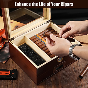 Glass Top Cedar Humidor with Front Hygrometer, Humidifier, Divider, and Accessory Drawer, Desktop Cedar Wood Cigar Box Holds 20-30 Cigars, Cigar Accessories for Men