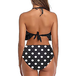 Tempt Me Women Black Polka Dot Two Piece Swimsuits High Waisted Bikini Teen Ruffle Tummy Control Bottoms Halter Bathing Suits M