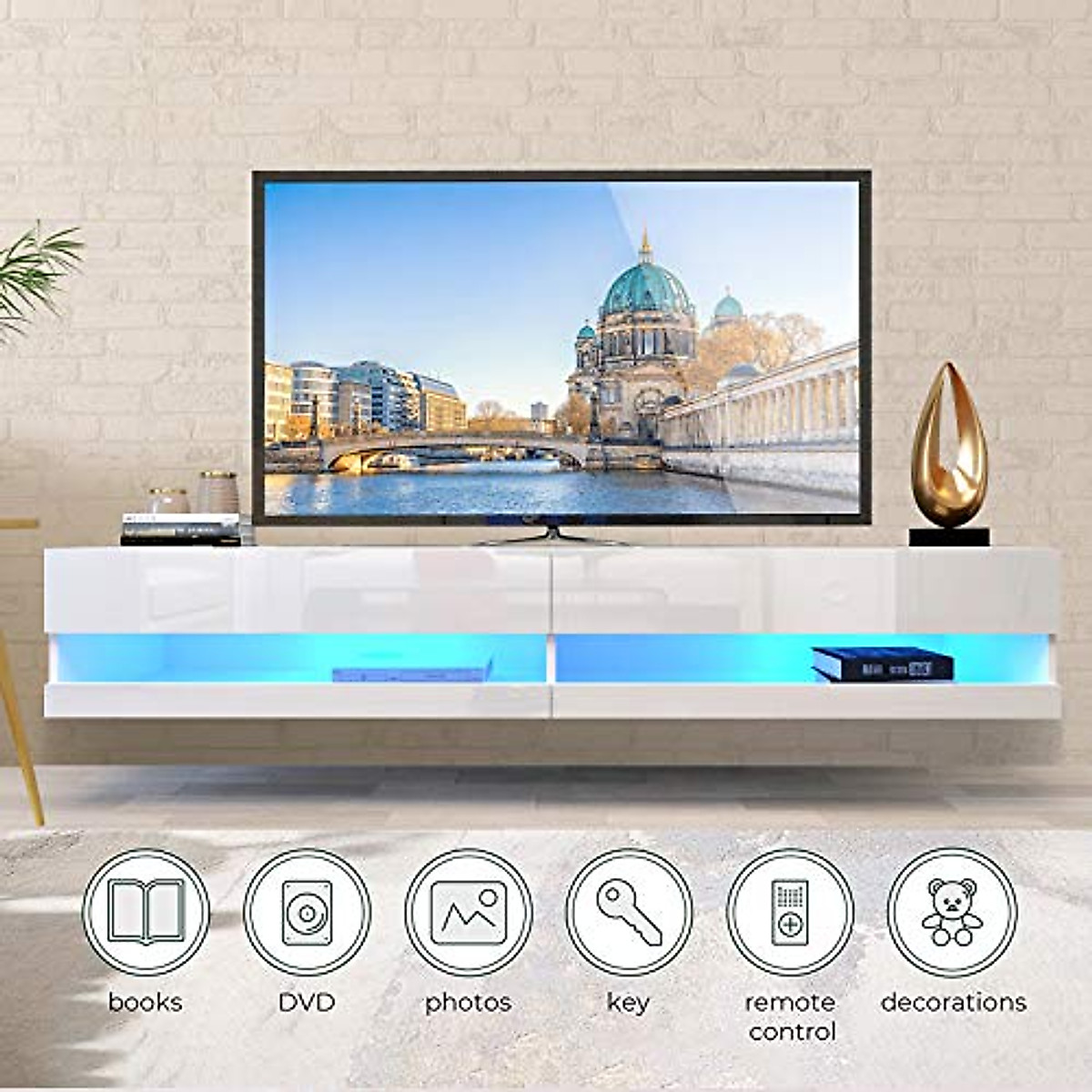 jeerbly 71 Inch TV Stand Cabinet Wall Mounted Floating Television Stand up to 80" TVs with 20 Color LEDs White Modern High Gloss Storge Shelf Entertainment Center Console Table for Living Room