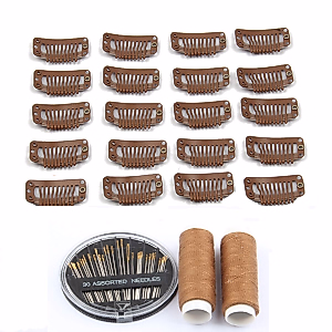 50pcs Wig Clips Stainless Steel Snap Clips for Hair Extensions DIY Wig Combs 9-Teeth 32mm 1.2g/pc, 2pcs Weaving Thread, 1set/30pcs Needles (Light Brown)