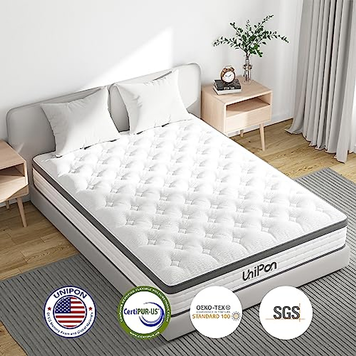 UniPon 12 Inch Hybrid Mattress Queen, Spring Mattress with Gel Memory Foam, Medium Firm Mattress, Supportive Individually Pocket Spring Mattress, Bed in a Box, Pressure Relief