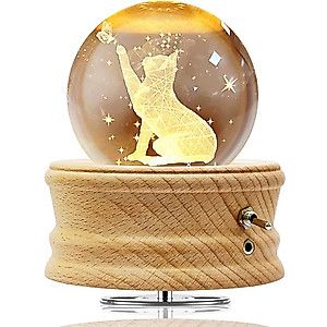 DCOVOR Crystal Ball Music Box, 3D Rotating Globe with Warm Light Projection, Wood Base USB Charging Musical Box, Gift for Women Men Girls Boys Birthday Christmas Thanksgiving Mothers Day (Cat)