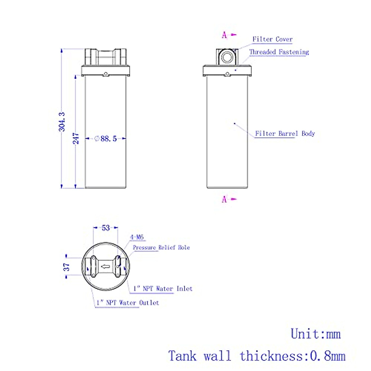 INTBUYING Heavy Duty Water Filter Shell Housing Whole House Water Purification of 304 Stainless Steel -10 inch Filter 1 inch NPT Inlet and Outlet with Bracket and Wrench Pin