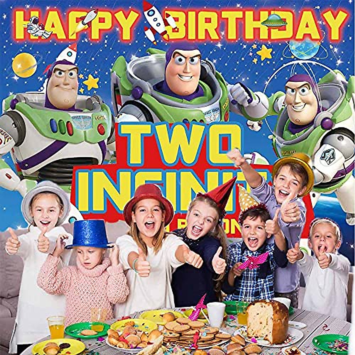 JUMPHOP Buzz Lightyear Birthday Backdrop Toy Story Two Infinity and Beyond Banner for Birthday Party Supplies Decorations Photography Photo Booth Props
