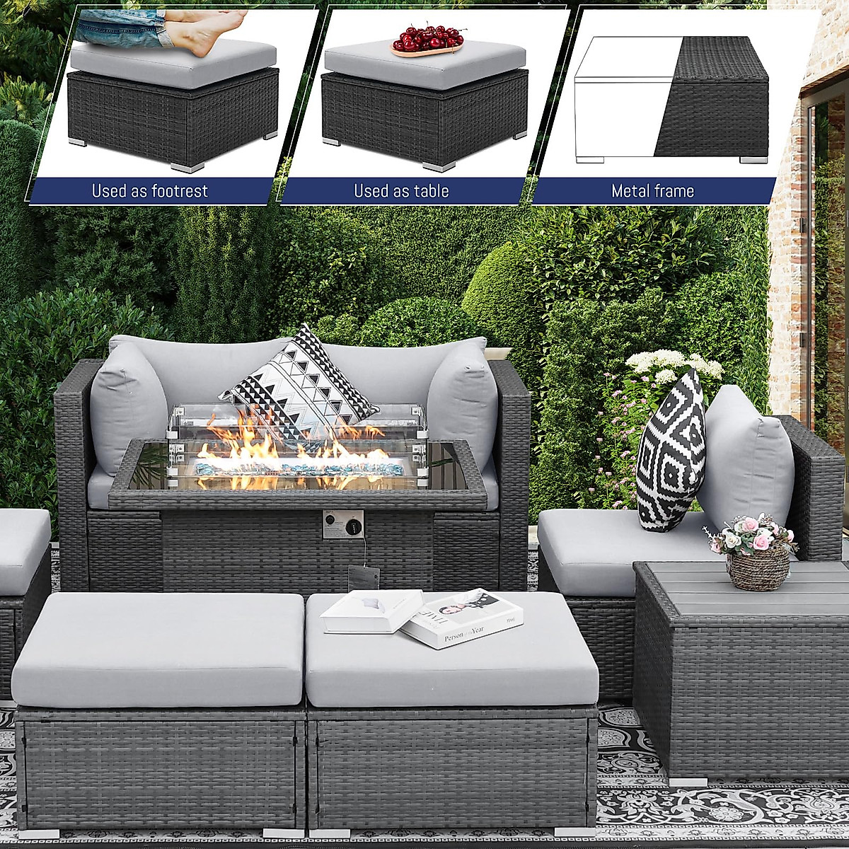 BULEXYARD Grey PE Wicker Patio Furniture Sectional Conversation Sofa Set with 43" Propane/Natural Gas Fire Pit Table, Large Size High Back Outdoor Furniture Set with Fireplace(6Pcs, Light Grey)