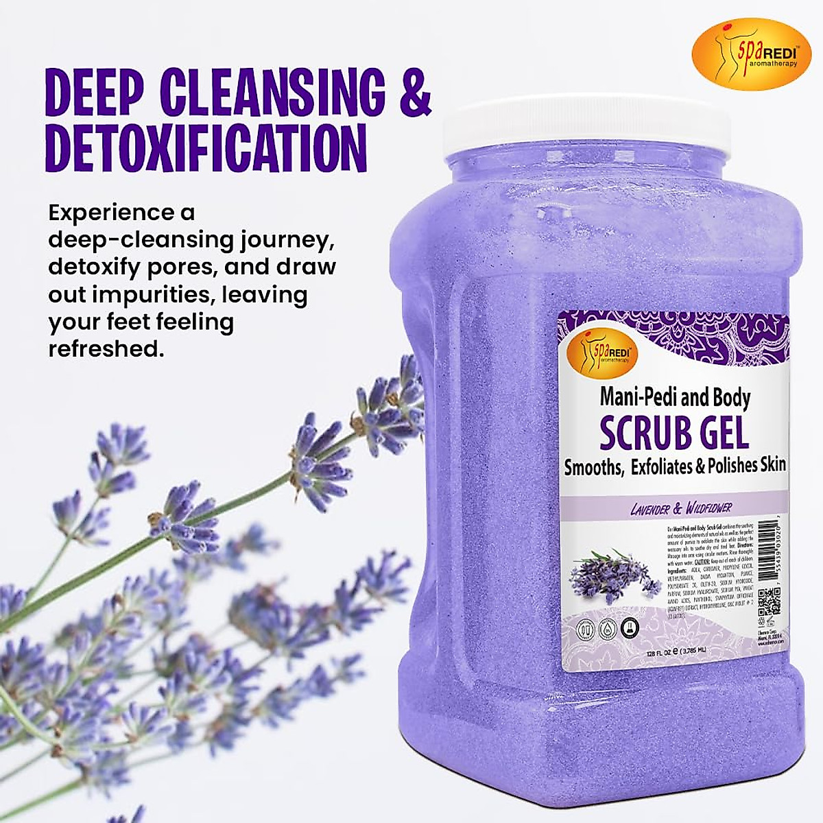 SPA REDI - Exfoliating Scrub Pumice Gel, Lavender and Wildflower, 128 Oz - Manicure, Pedicure and Body Exfoliator Infused with Hyaluronic Acid, Amino Acids, Panthenol and Comfrey Extract