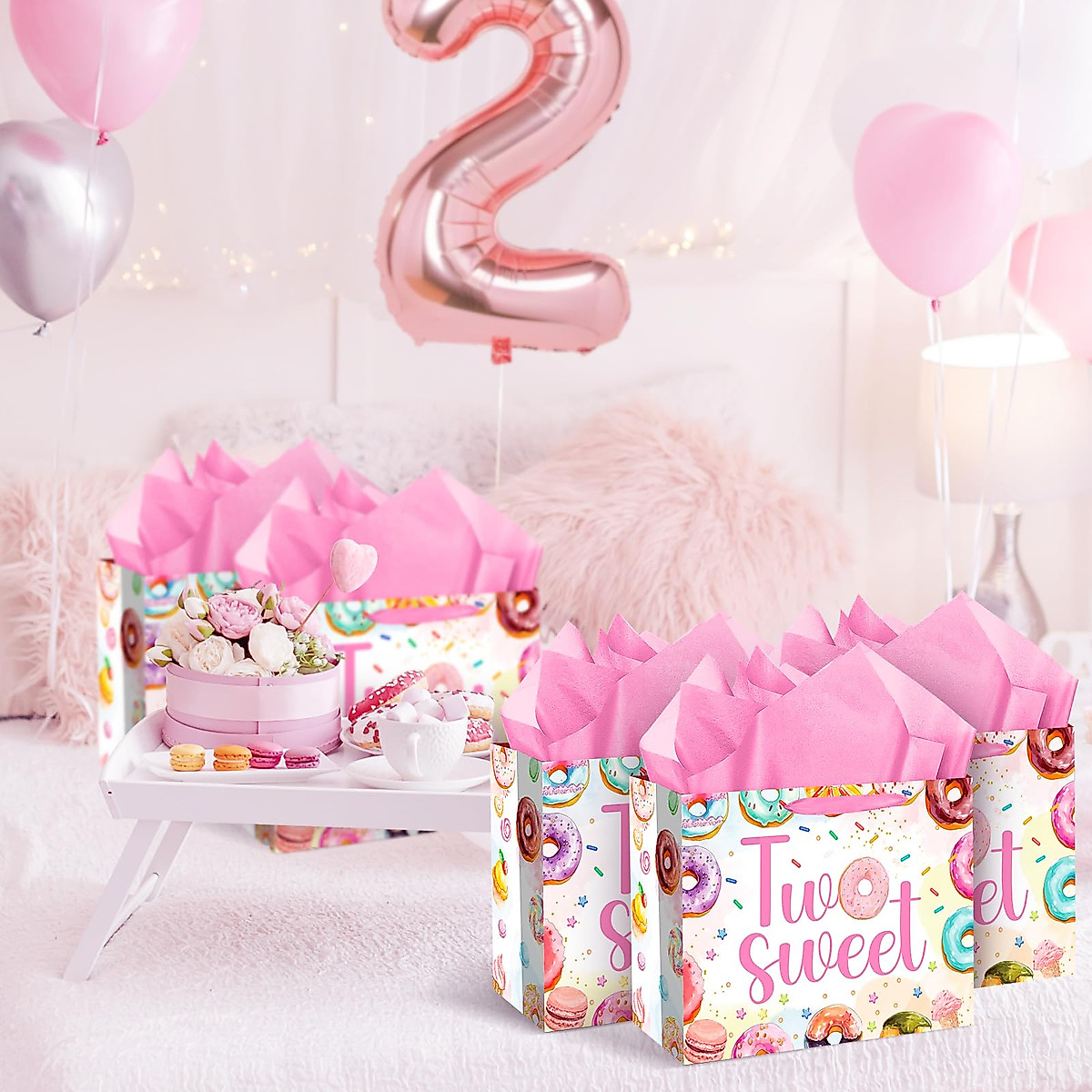 Two Sweet Birthday Gift Bags for Baby Girl Gift Bags with Card and Tissue Paper Two Sweet Donut Ice Cream Gifts Bags with Handles-Big Wrapping Paper Bags 2nd Birthday Baby Shower Party Supplies