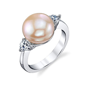 The Pearl Source 10-11mm Genuine Pink Freshwater Cultured Pearl & Cubic Zirconia Olivia Ring for Women