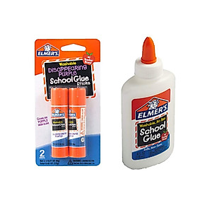 Elmer's bundle Washable Liquid School Glue, White, Dries Clear, 4 fl oz Plus Disappearing Purple Elmer's School Glue Stick, 7g, 2pk