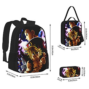 ORPJXIO Backpack 3 Piece Set The Seven Anime Deadly Sins Laptop Backpack Pencil Case Lunch Bag Combination For Travel Work Camping