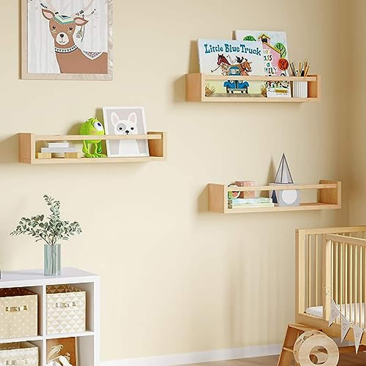 Fixwal Nursery Book Wall Shelves, 16.5 Inch Floating Bookshelves for Wall Set of 3, Baby Nursery Decor, Solid Wood Wall Mounted Shelves for Books, Toys and Decor Storage (Natural Wood)