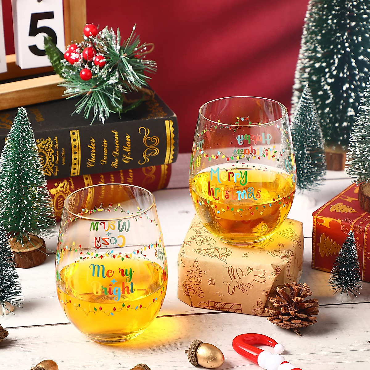 Patelai 2 Pieces Christmas Stemless Wine Glass, 17 oz Merry Christmas Happy Holiday Wine Glass Funny Mug Cup, Christmas New Year Gifts for Women Men Mom Dad Wife Husband