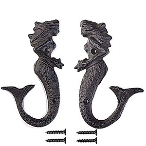 KiaoTime Pack 2 Cast Iron Mermaid Hook Vintage Rustic Wall Hanger Decor Beach Nautical Coastal Style Bathroom Shower Hand Towels Holder Wall Coat Racks
