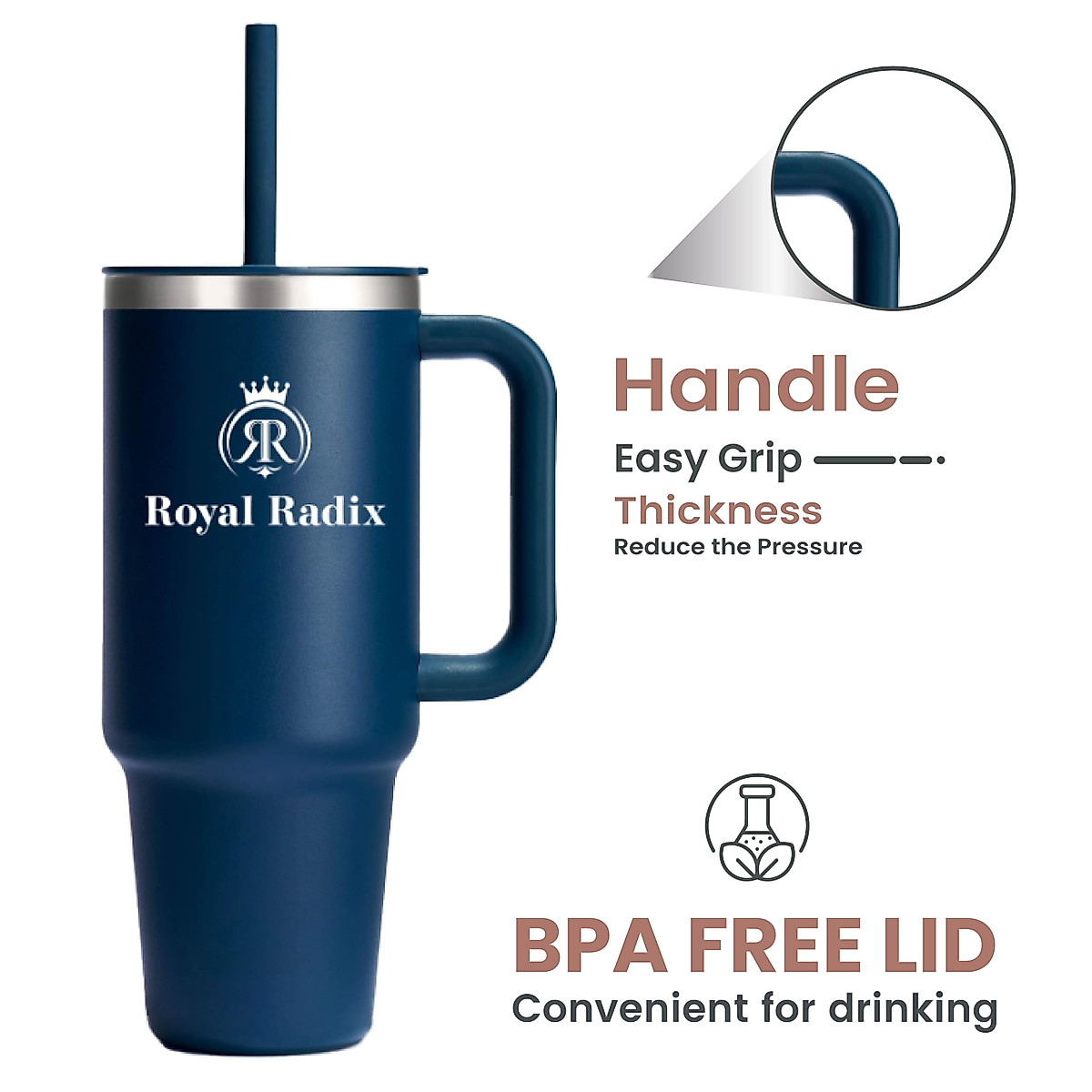 Royal Radix 40oz Insulated Tumbler with Handle & Straw, Stainless Steel Travel Mug, Leak-Proof, Hot & Cold Beverage Cup, BPA-Free, Dishwasher Safe, for Coffee & Water