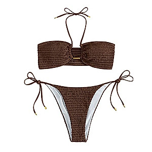 SweatyRocks Women's 2 Piece Bathing Suit Ribbed Tie Side Halter Bikini Swimsuit Coffee Brown M