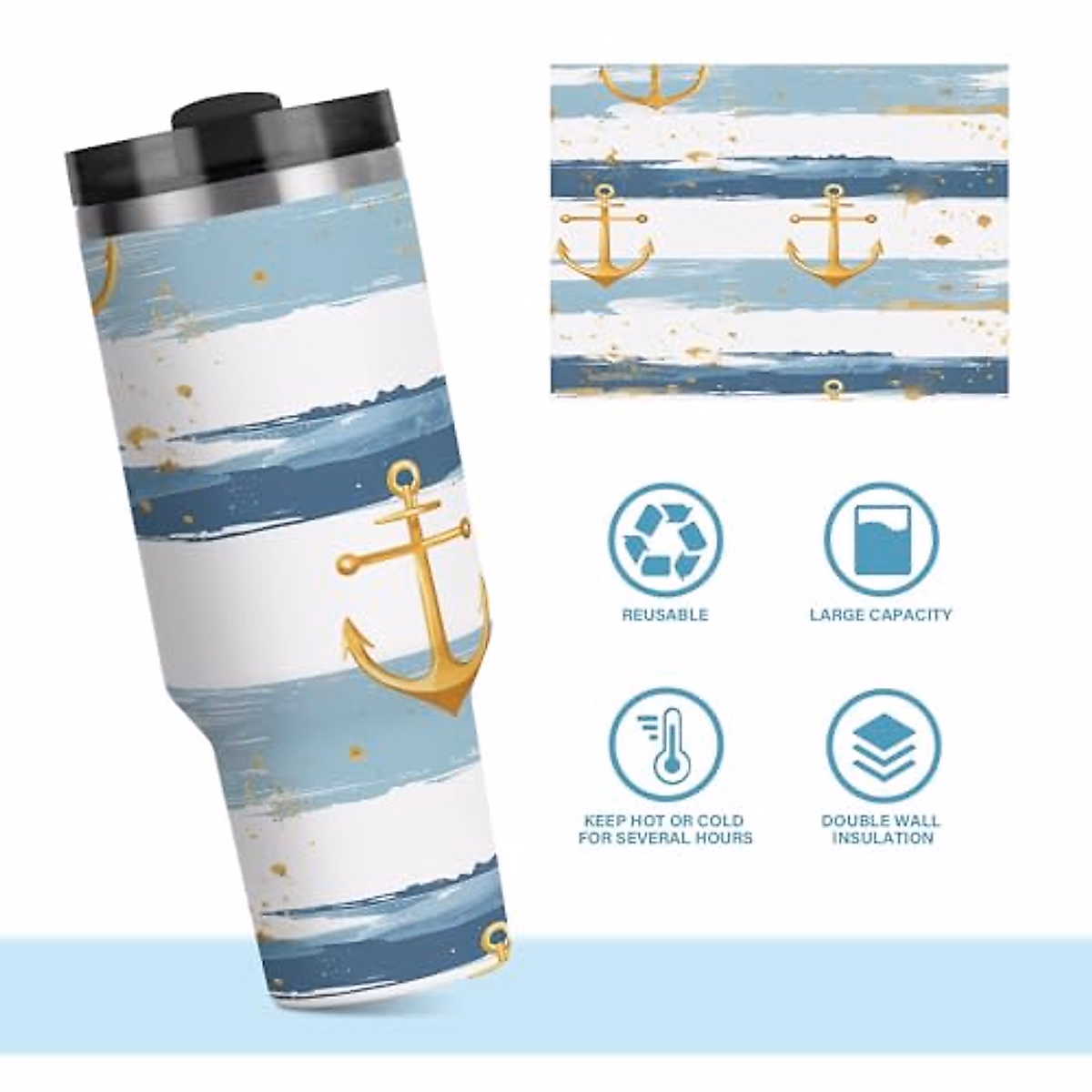 FRCSDIY Cartoon Ship Anchor Insulated Tumbler with Handle and Straw Lid,30oz Leakproof Stainless Steel Cup BPA-Free Water Bottle