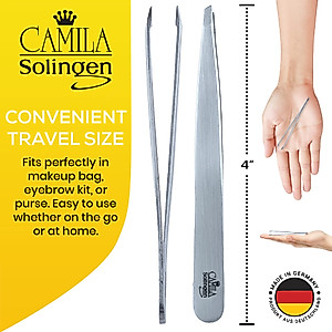 Camila Solingen CS25 4" Professional Surgical Grade Stainless Steel Precision Tip Eyebrow Tweezers for Facial Hair Shaping & Removal. Beauty Tool for Men/Women. Made in Solingen Germany (Slanted)