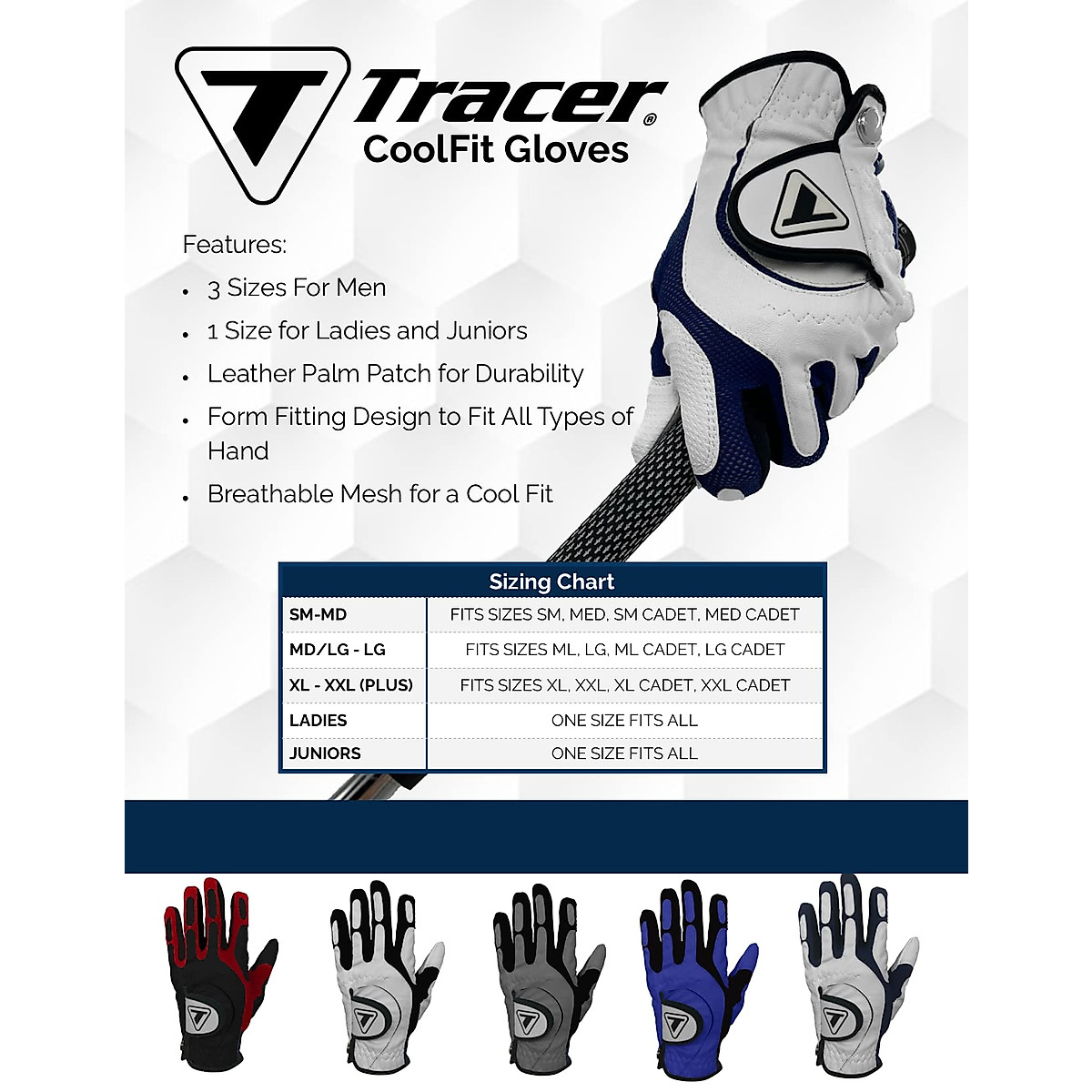 Tracer Golf Men's Golf Glove, 3-Pack - Cool fit, Comfort Stretch, Highly Durable Glove (XL-XXL (Plus), White/Black)