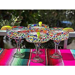 Dos Sueños Mexican Hand Blown Glass – Set of 4 Hand Blown Margarita Glasses Confetti Rock (16 oz) …