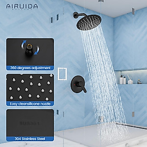 Airuida Matte Black Single Function Shower Trim Kit Shower Faucet Set Wall Mount 8 Inch Round Rainfall Shower Head and Handle Set Single Handle Shower System Set with Female Threads Rough-in Valve