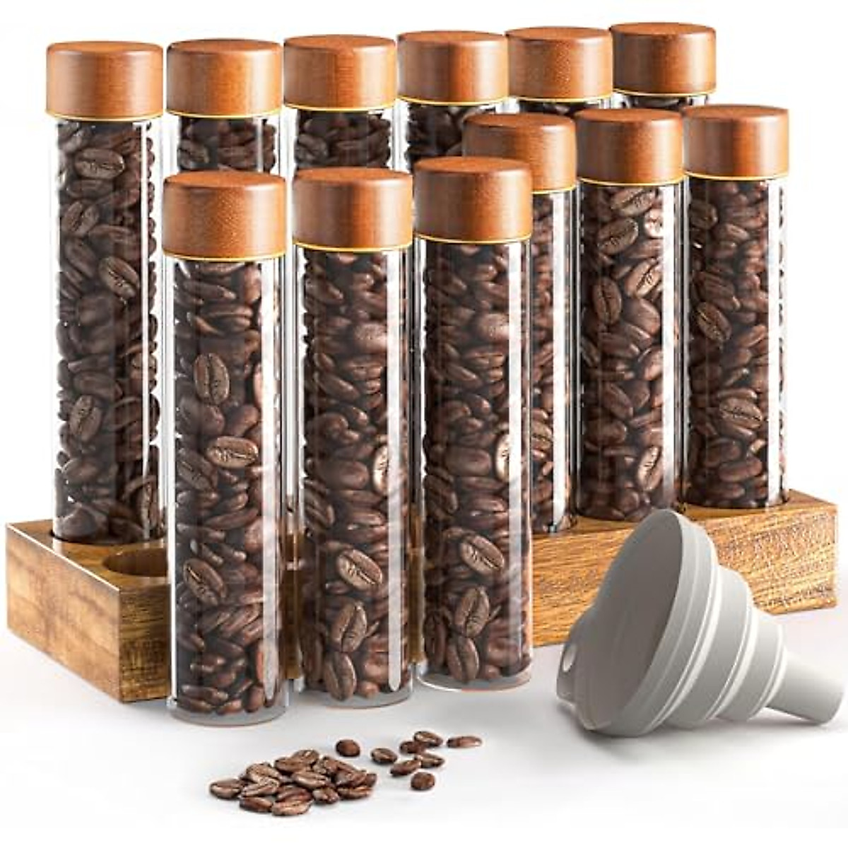 Coffee Bean Cellars with Stand & Hopper, Single Dose Coffee Bean Storage, 12 Pcs Espresso Bean Container with Wooden Holder, Dosing Glass Vials with Lids and Funnel for Tea, Coffee, Spices