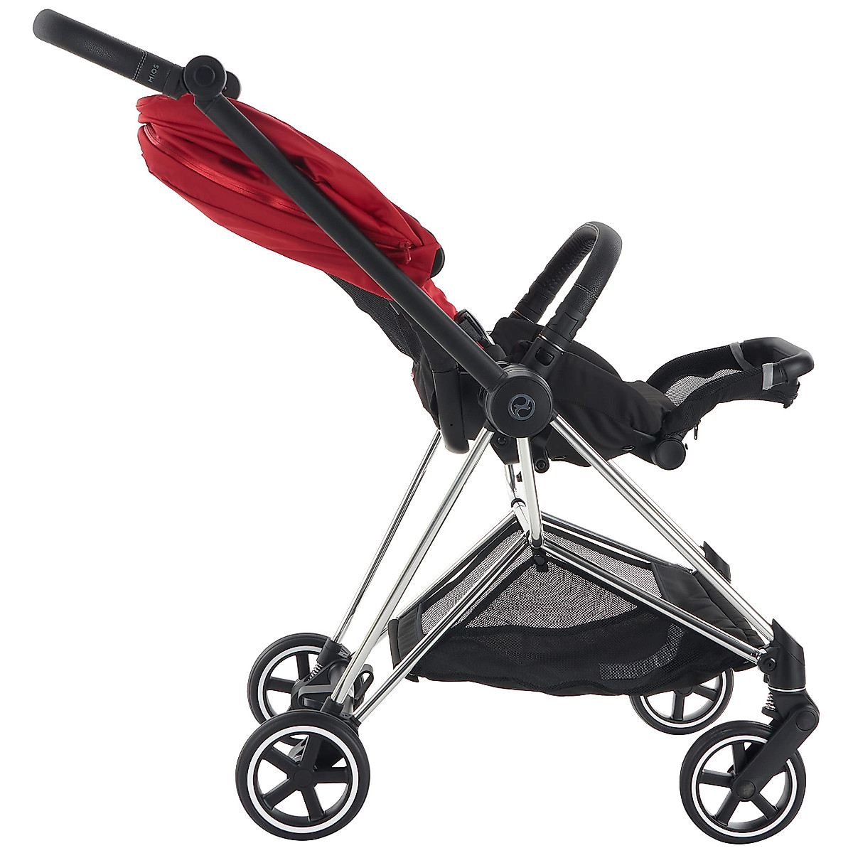Cybex Mios 2 Complete Stroller, One-Hand Compact Fold, Reversible Seat, Smooth Ride All-Wheel Suspension, Extra Storage, Adjustable Leg rest, True Red Seat with Chrome/Black Frame