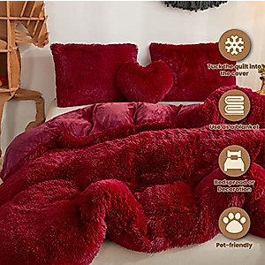 MEGO Luxury Shaggy Faux Fur Duvet Cover Set, Ultra Soft 3 PCS Fluffy Comforter Cover, Fuzzy Bedding Set King Size Quilt Cover(1 Plush Furry Duvet Cover + 2 Pillowcases), Zipper Closure(King, Red)