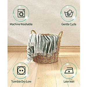 Godimerhea Green Throw Blanket Cotton White Boho Striped Decorative Blankets for Couch Sofa Bed, Soft Cozy Knit with Tassel, Rustic Shabby Chic, 50" x 60"