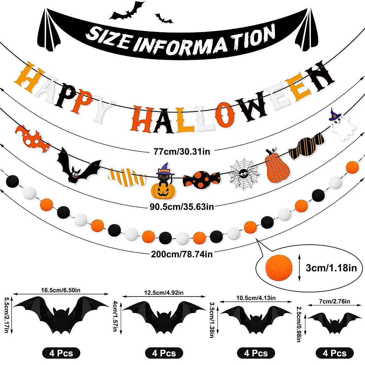 Happy Halloween Banner Pom Pom Garland Set and Halloween Bat Candy Banner with Black Bat Wall Sticker for Halloween Party Decorations Home Decor