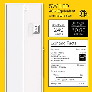 GETINLIGHT 3 Color Levels Dimmable LED Under Cabinet Lighting with ETL Listed, 12-inch, Warm White (2700K), Soft White (3000K), Bright White (4000K), White Finished, IN-0210-1