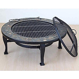 LEAYAN Garden Fire Pit Grill Bowl Grill Barbecue Rack Black Outdoor Fire Pit, Round 34" Natural Slate Top with Spark Screen Cover for Backyard Patio with Cover BBQ Cooking for Camping Backyard