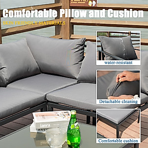 Homsido Outdoor Patio Furniture Set,Outdoor Chairs Set Sectional Sofa Patio Conversation Set，Porch Patio Chat Set with Tempered Glass Table top Coffee Table and Grey Cushions