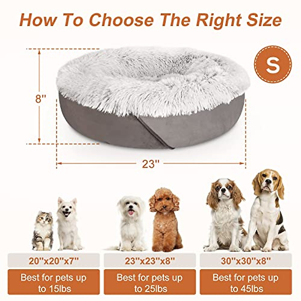 JOEJOY Calming Dog Bed for Small Dogs, Anti-Anxiety Puppy Cuddler Bed, Cozy Soft Round Fluffy Plush Pet Bed, Machine Washable and Anti-Slip Bottom (23", Grey)