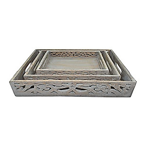 STORE INDYA Vintage Rustic Wooden Serving Trays with Handle - Set of 3 - Large, Medium and Small - Nesting Multipurpose Trays