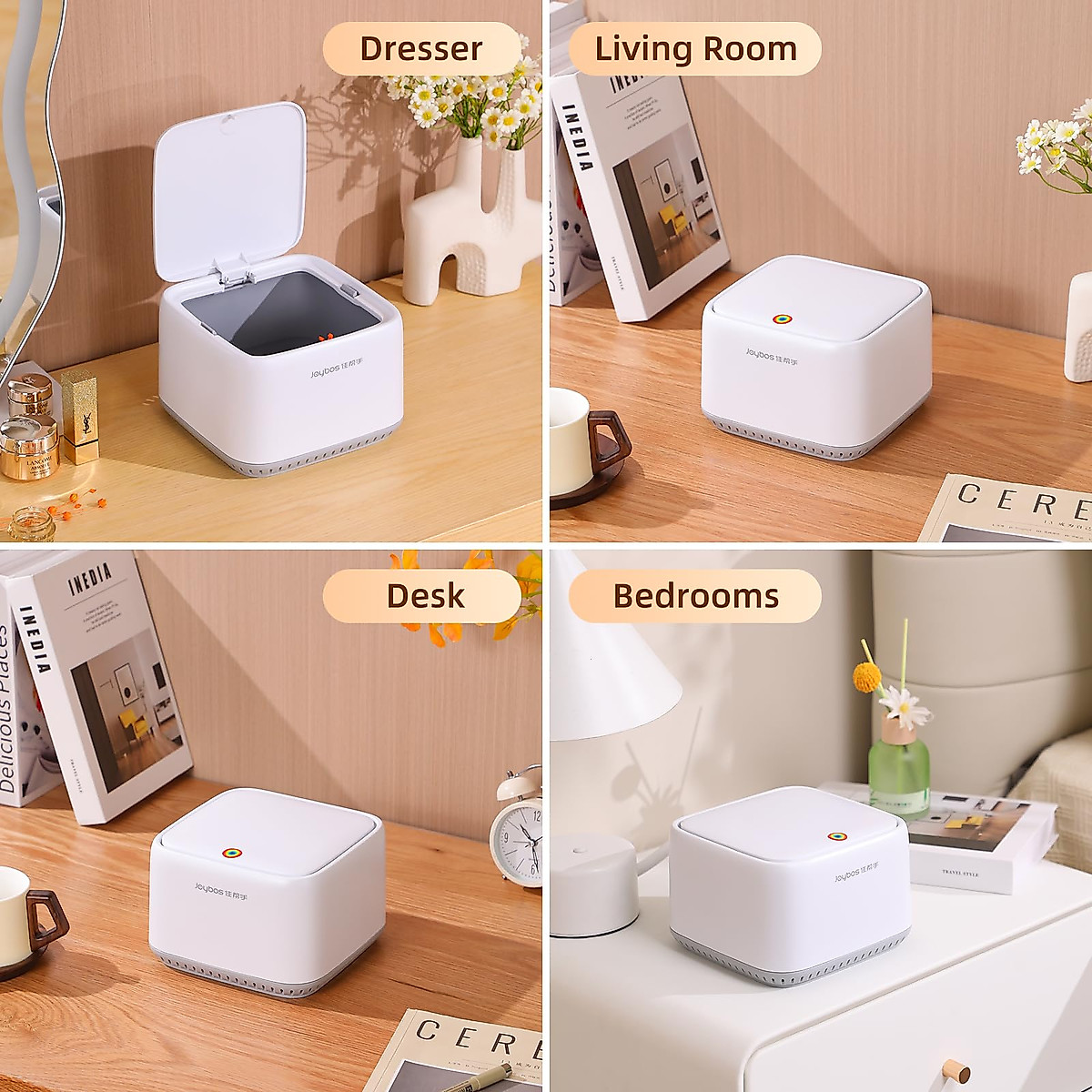 MOPALL Mini Desk Trash Can with Lid, Countertop Trash Can 0.5 Gallon, Small Garbage Can Table Top Trash Can, Tiny Waste Basket for Vanity, Office, Bedroom, Car (White, Square)