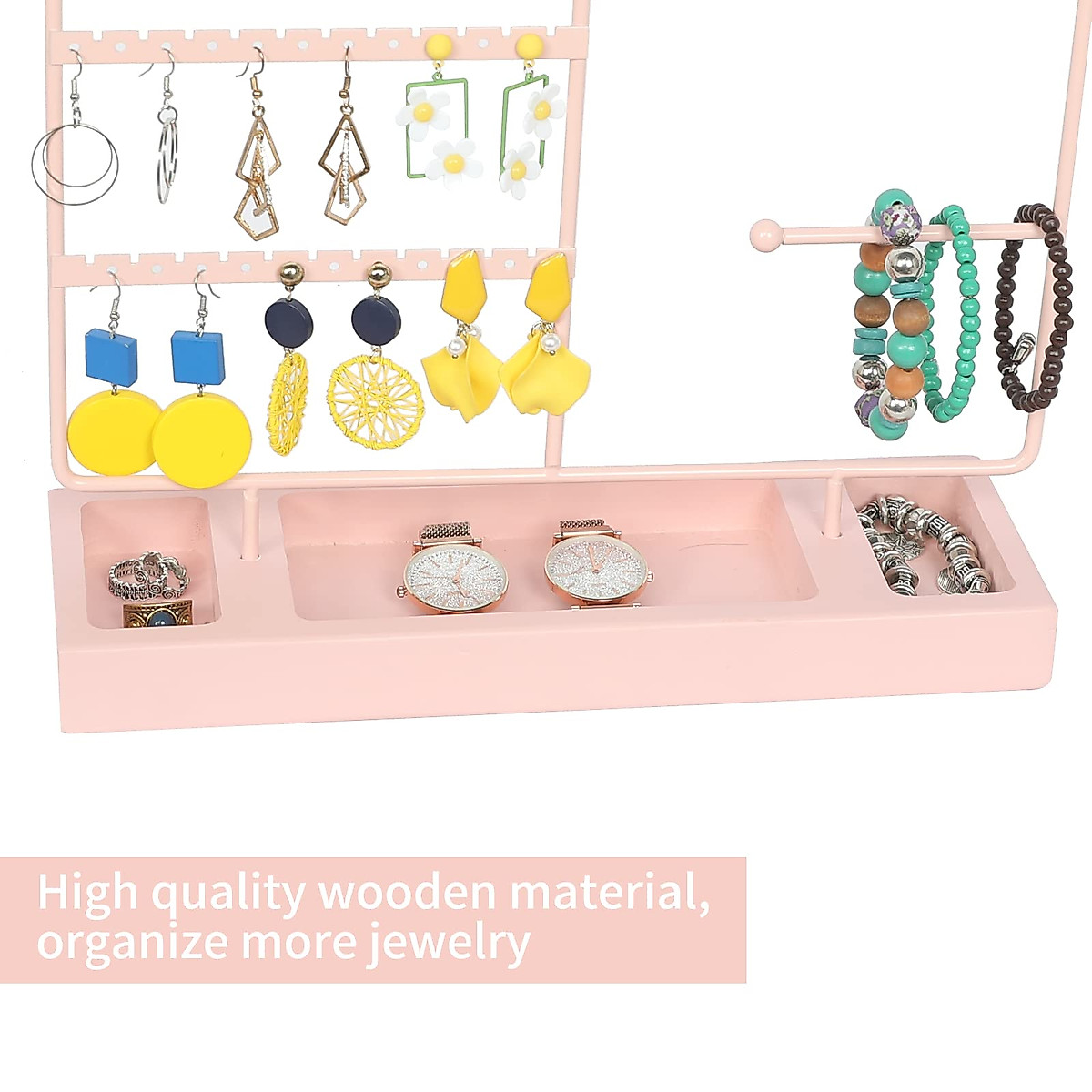 X-cosrack Earring Organizer Holder, 5-Tier Ear Stud Holder with Wooden Tray, Jewelry Towers for Earrings Necklaces Bracelets Watches and Rings,Earring Display Stand, Pink