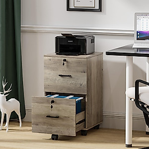 VINGLI 2 Drawer File Cabinet with Lock, Wood Rustic Gray File Cabinet for Letter Size File Folders with Tabs, Under Desk Rolling File Cabinets for Home Office, Mobile Filing Cabinet Printer Stand