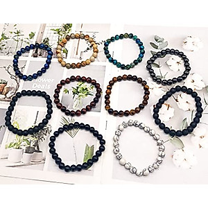 SONNYX 10 Pcs 8mm Semi-Precious Gemstones Bracelets Round Beaded Bracelets for Men Women Stone Crystal Stretch Beaded Bracelet Unisex