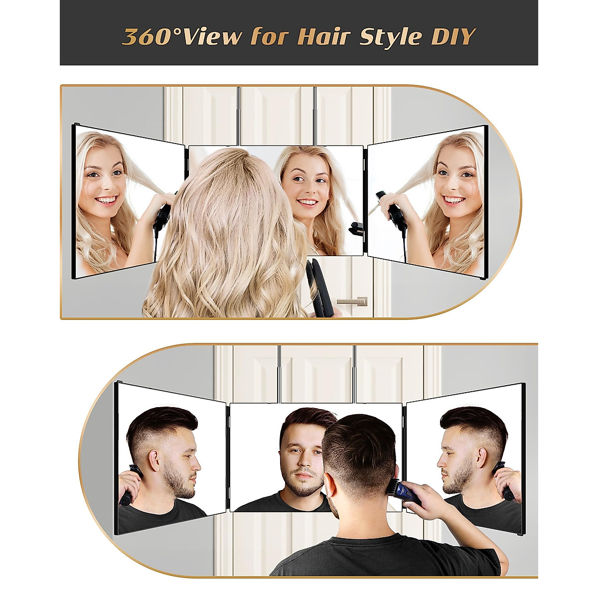 JUSRON 3 Way Mirror for Hair Cutting, 360 Mirror with Height Adjustable Hooks for Door, Bathroom, Portable Trifold Shaving Barber Mirror for Makeup, Cut, Trim (Black Without LED)
