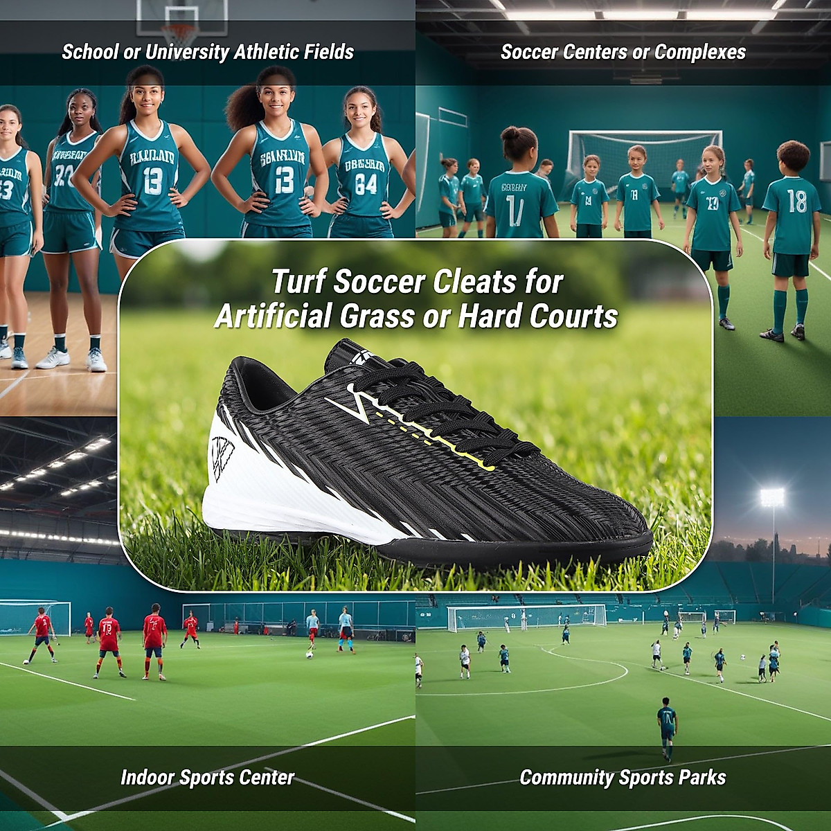 Vizari Tesoro Turf Soccer Shoes for Boys and Girls| Turf Shoes with Durable Synthetic Upper | Youth Football Turf Shoes with Molded Rubber Oursole | Superior Traction on Turf Ground, (Black, 2)