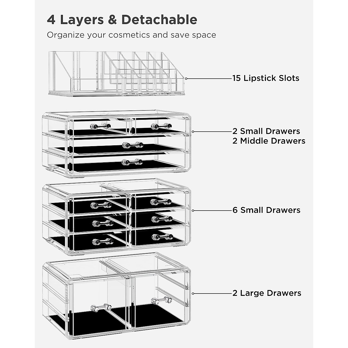 HBlife Acrylic Clear Dustproof Makeup Storage Organizer Drawers Large Skin Care Cosmetic Display Cases for Bathroom Stackable Storage Box with 12 Drawers for Vanity (Clear)