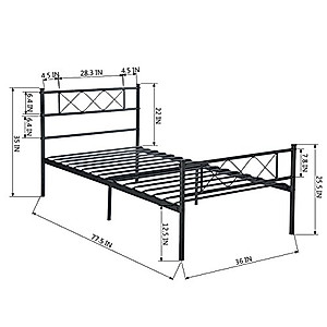SimLife Metal Platform Bed Frame with Two Headboards Mattress Foundation/Slat Support/No Box Spring Needed, Twin Black