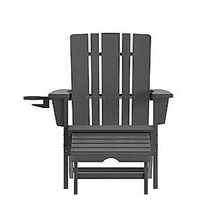 Flash Furniture Halifax Poly Resin Adirondack Chair with Cup Holder and Pull Out Ottoman, All-Weather Poly Resin Indoor/Outdoor Lounge Chair, Set of 2, Gray