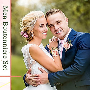 Sherr 20 Pcs Rose Wrist Corsage and Boutonniere Set Flower Wrist Corsage Wristlet Band Bracelet Bridegroom Men's Boutonniere Wedding Wristlet Hand Flower for Prom Party Bouquets Accessories (Pink)