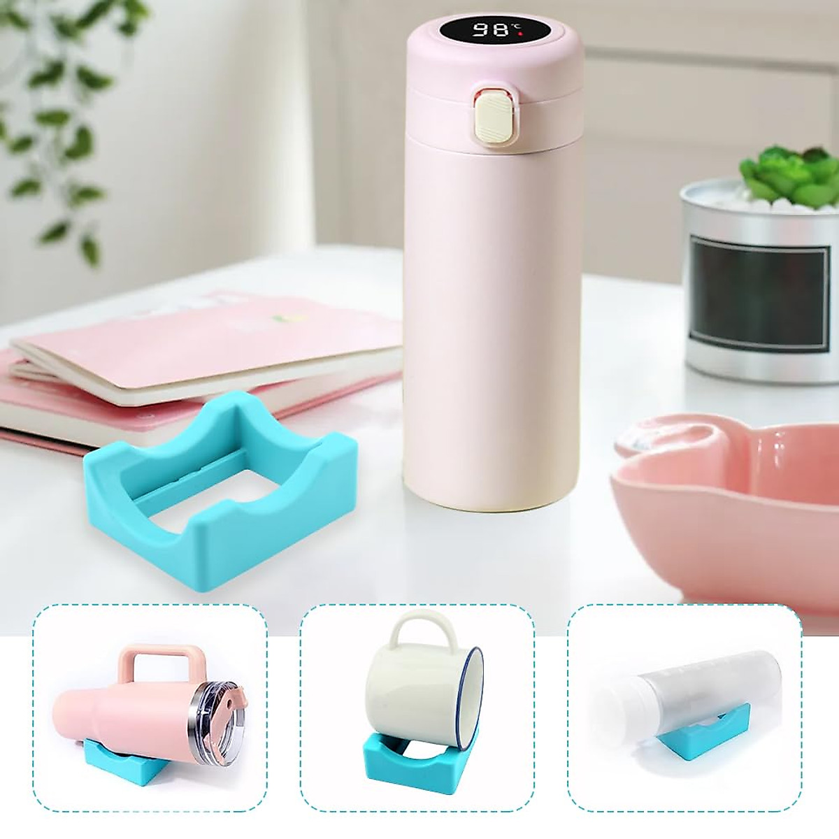 Silicone Cup Cradle with Edge Squeegee and Silicone Brush, Cup Holder with Built-in Slot, Light and Portable, for Mugs, Glasses, Coffee Cups, Glass Jars, Wine Bottles(Size:3 Pcs)